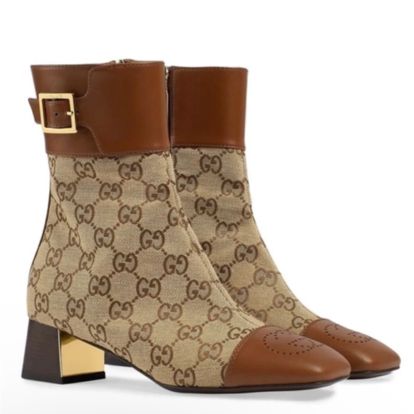 Gucci | Shoes | Gucci Ellis Gg Logo Leather Trimmed Ankle Boots Camel ...